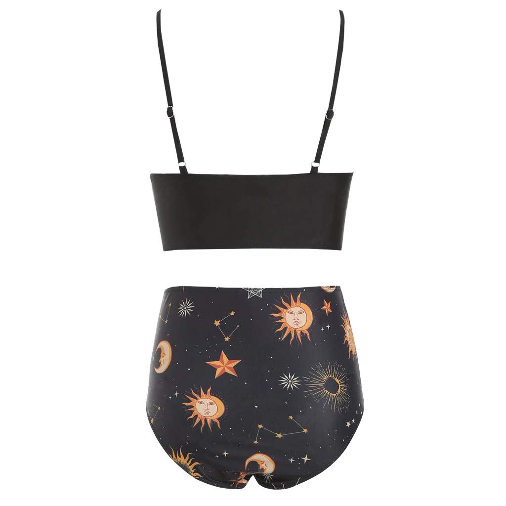 Women Plus Size High Waisted Bikini Set Push Up Two Piece Swimsuit Retro Moon Sun Star Print Bathing Suit