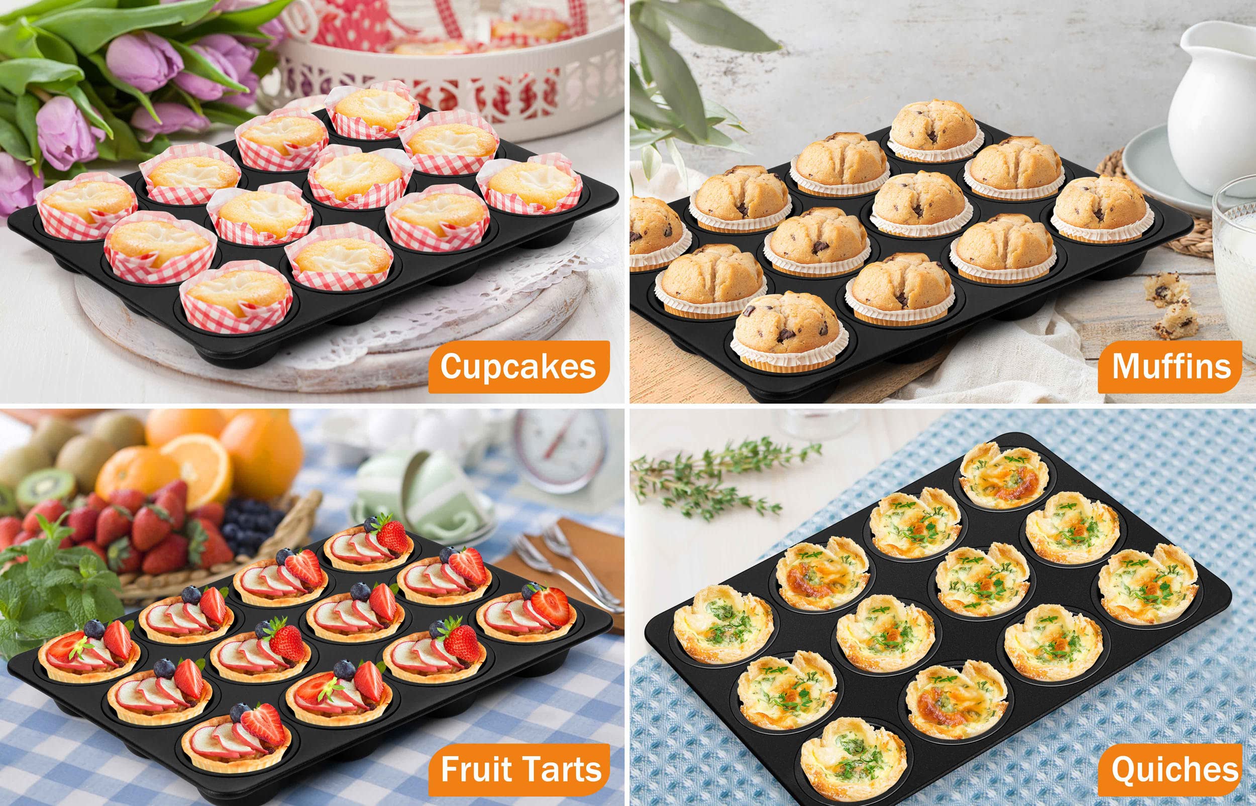 TeamFar Muffin Pan, 12 Cup Cupcake Pan Muffin Tin with Stainless Steel Core & Nonstick Coating, for Baking Muffins Cupcakes, Healthy & Welded Firmly, Easy Release & Clean, Oven Safe–Set of 2