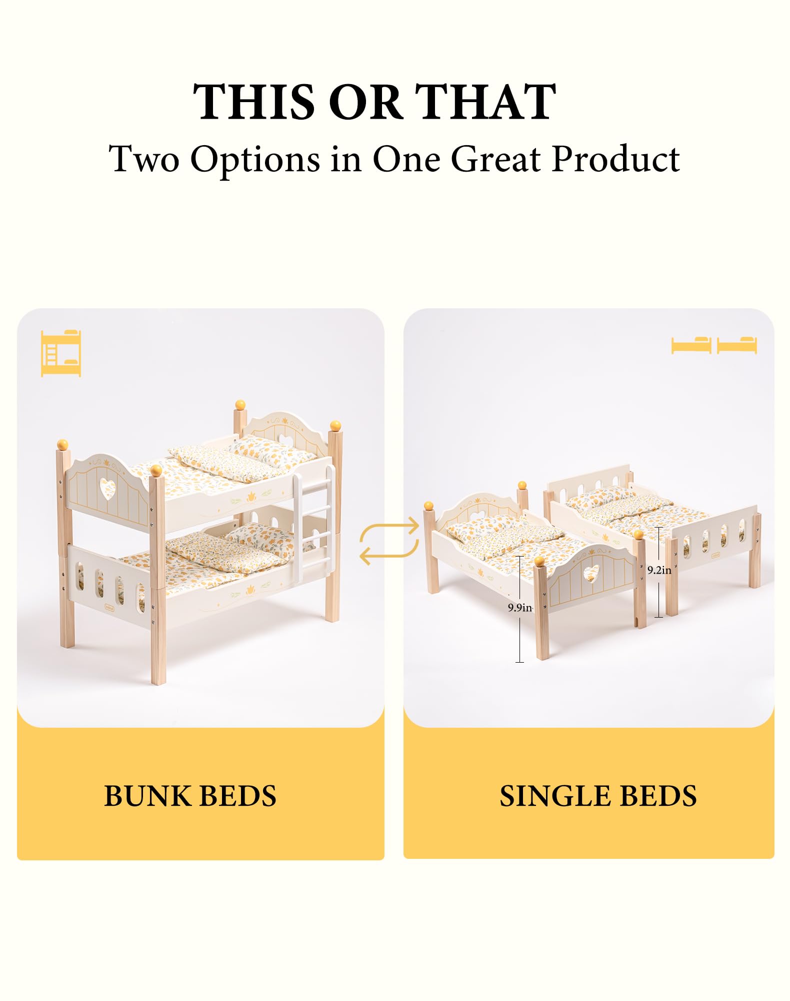 ROBOTIME Baby Doll Bunk Beds, Baby Doll Crib for 18 inch Dolls, Wooden Doll Bed Toy with Doll Bedding