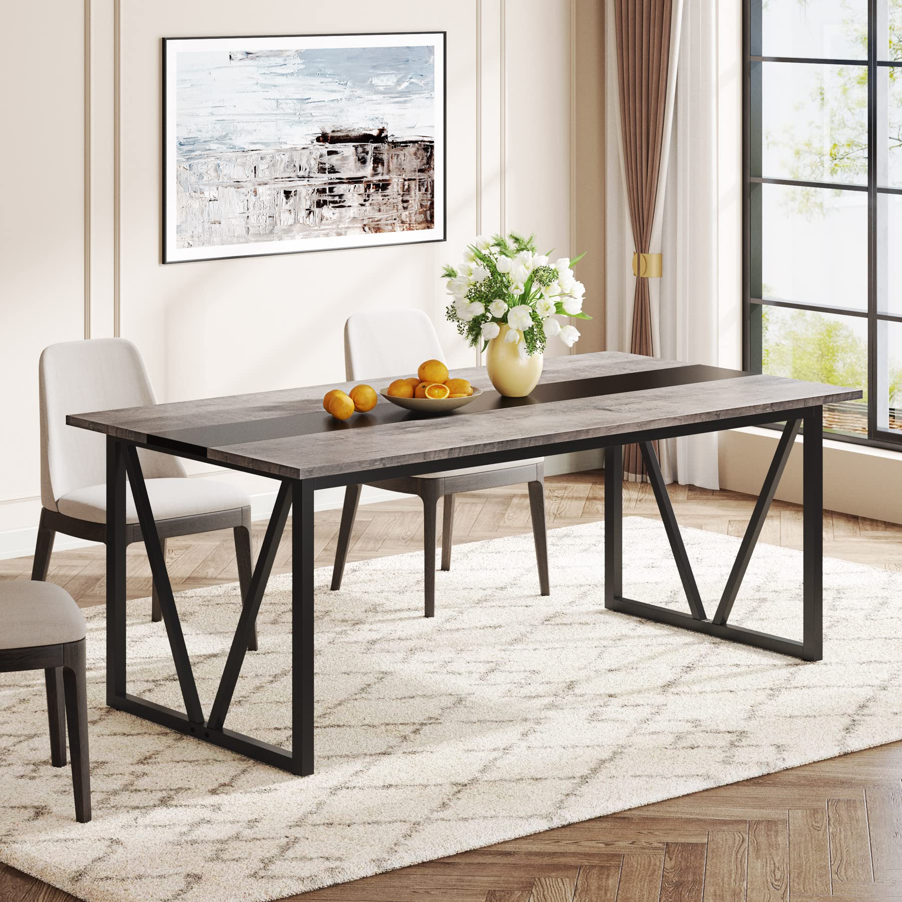 Tribesigns Dining Table for 6-8 People, 70.8 inch Industrial Large Kitchen Table with Heavy Duty Metal Frame, Rectangle Wood Dining Room Table for Kitchen, Living Room, Grey & Black