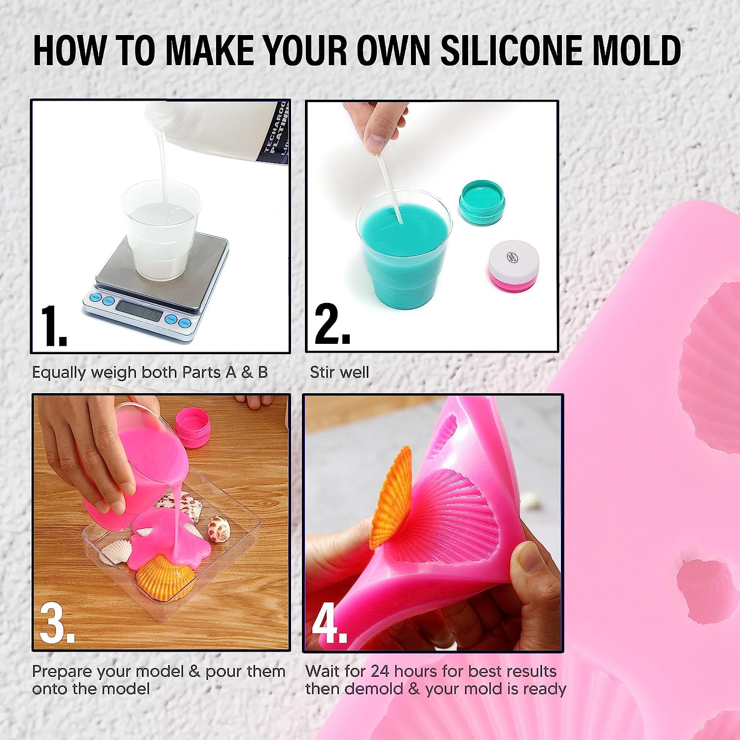 TECHAROOZ Liquid Silicone for Mold Making Kit 140 Oz/1 Gallon/8.8lb - Shore 20A Food Grade - DIY Mold Making Silicone Rubber for Casting Crafy Epoxy Resin, Soaps & Candles Molds (Clear, Aqua and Pink)