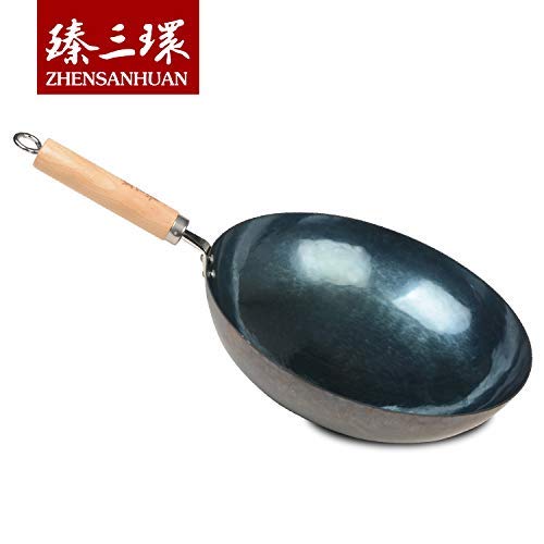 ZhenSanHuan Chinese Hand Hammered Iron Pow Woks and Stir Fry Pans Wooden Handle Round Bottom (30CM, Blue Black -Seasoned)