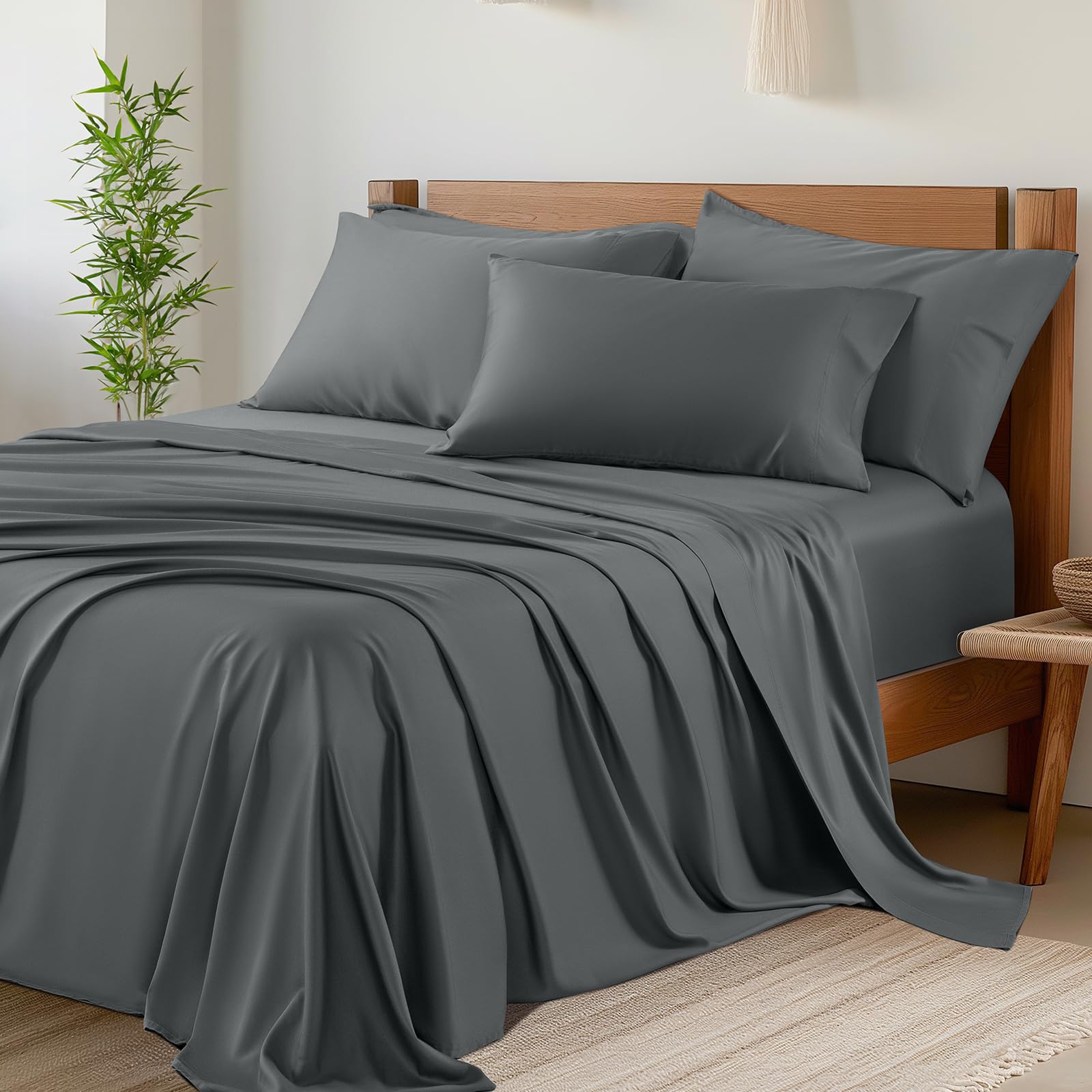 Shilucheng 6-Piece Sheets Set,Rayon Derived from Bamboo_ Sheets, Cooling & Breathable Bed Sheets, Silky Bedding Sheets & Pillowcases, 16 Inch Deep Pockets(Queen,Dark Grey)