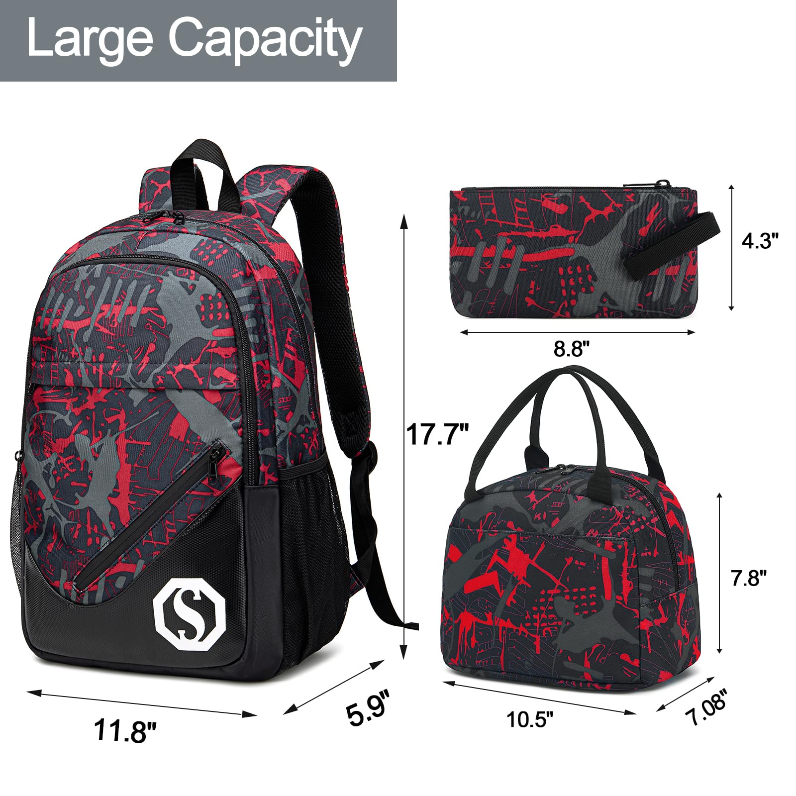 School Backpack for Boys Kids 3Pcs Teens Bookbag Elementary Backpacks Set with Lunch Box and Pencil Case