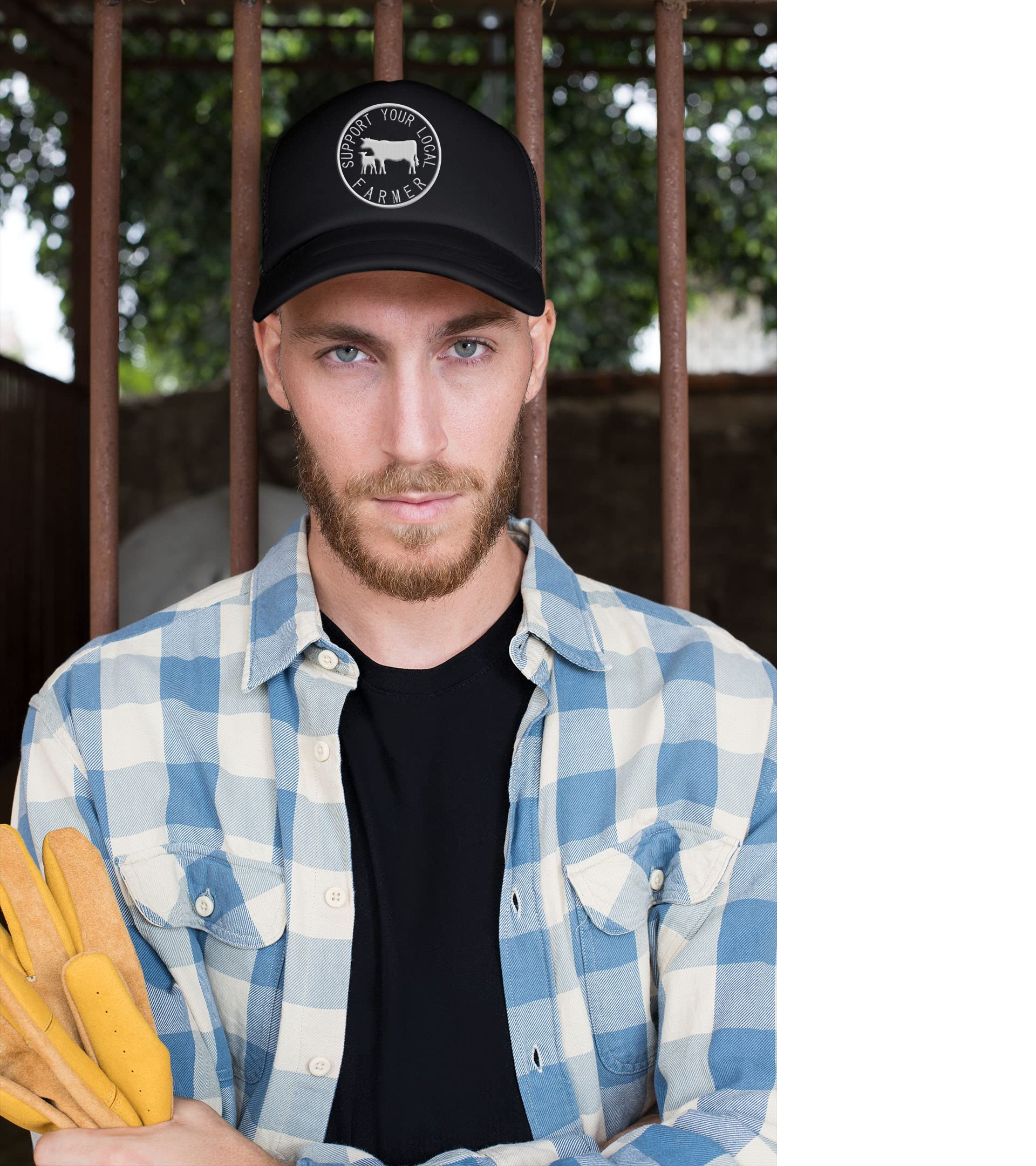 Trenz Shirt Company Support Your Local Farmers Cattle Rancher Farm to Table Mens Embroidered Mesh Back Trucker Hat, Black/Black