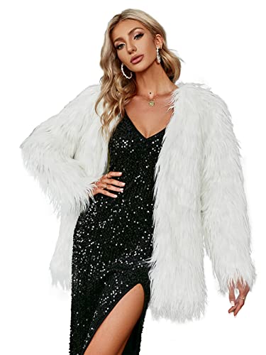 Simplee Apparel Women's Long Sleeve Fluffy Faux Fur Warm Coat,White,Size : Asian XXL,US 10