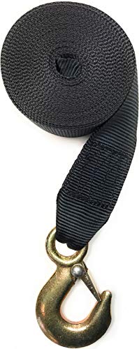 Winch Strap with Hook for Boat Trailer Heavy Duty Replacement Capacity 5,600. Lbs Black Nylon 2 inch Wide x 20 feet Long for Fishing Winch Securing Tie Down Marine Galvanized Hook Free Safety Tape