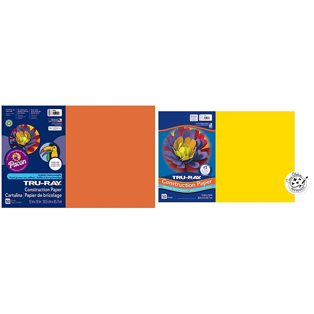 Tru-Ray Construction Paper, 50% Recycled, 12" x 18", Orange, Pack of 50 & Heavyweight Construction Paper, Yellow, 12" x 18", 50 Sheets