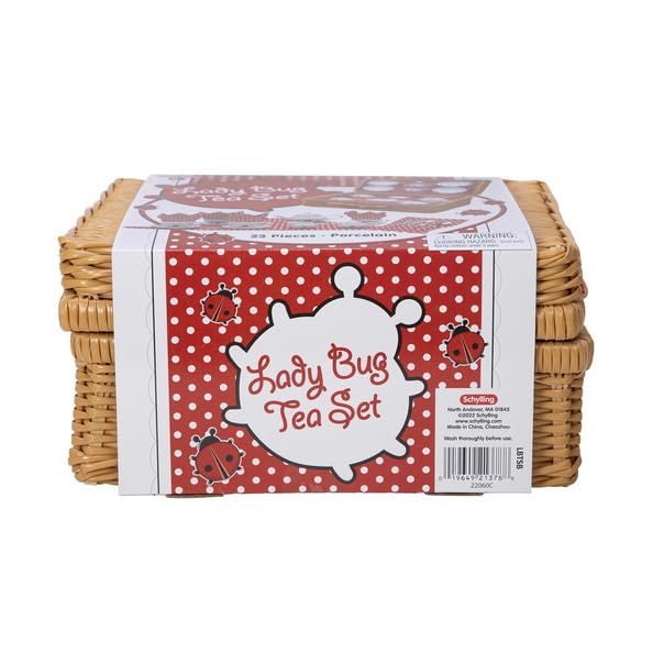 Schylling Ladybug Tea Set Basket - 23 Piece Miniature Porcelain Set with Picnic Basket - Includes Service for Four - Ages 8 and Up