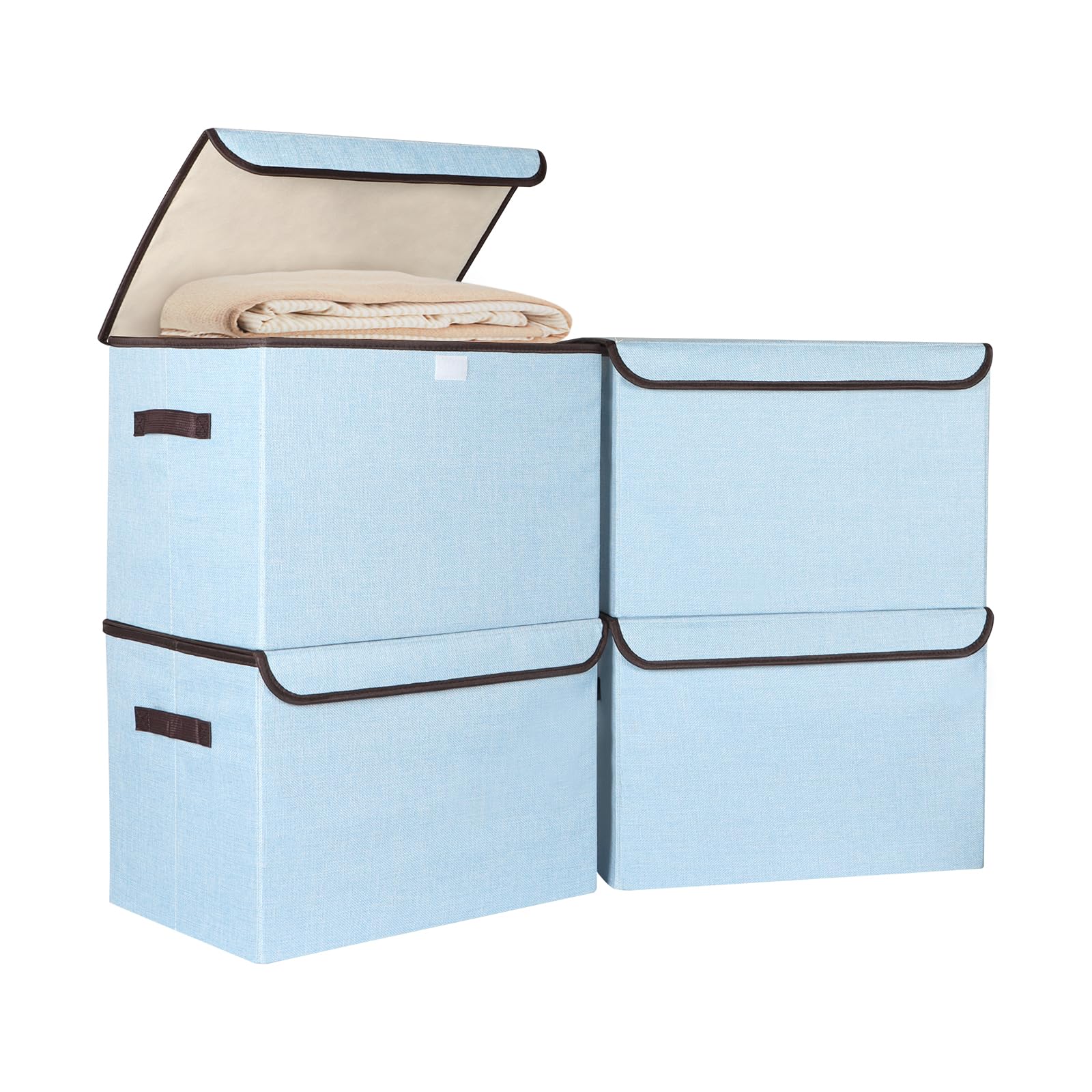 Univivi Fabric Foldable Storage Boxes Large Collapsible Stackable Storage Bins with Lids, Closet Organizers and Storage Cube Basket for Home, Office, Bedroom (17''-4 Pack-BLUE)