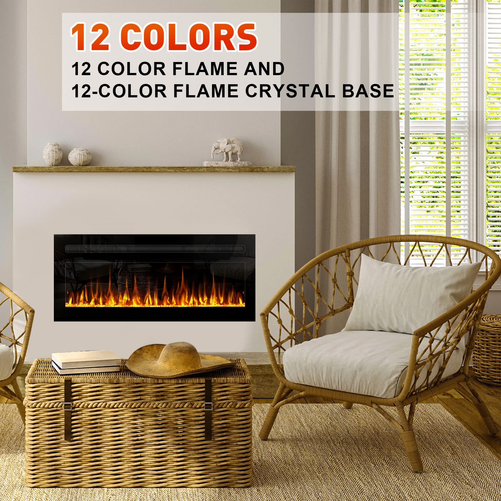 Upesitom 36" Electric Fireplace Mirrored Fireplace Heater Recessed & Wall Mounted Electric Fireplace Insert, LED Linear Fireplace with Flame Colors, Remote Control with Timer, 750/1500W