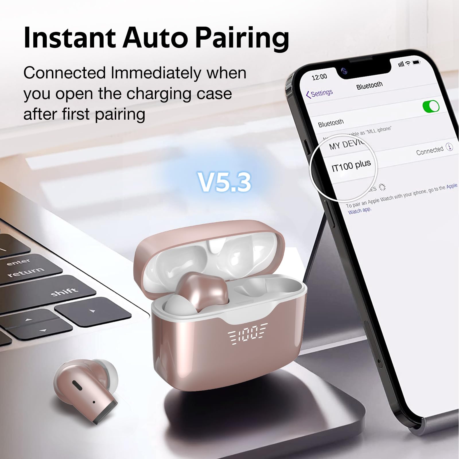 TSKIS Bluetooth Headphones True Wireless Earbuds with Noise Cancelling Mic 48Hrs Playtime LED Display IPX7 Waterproof Ear Buds for Android/iOS Cellphone (Black)