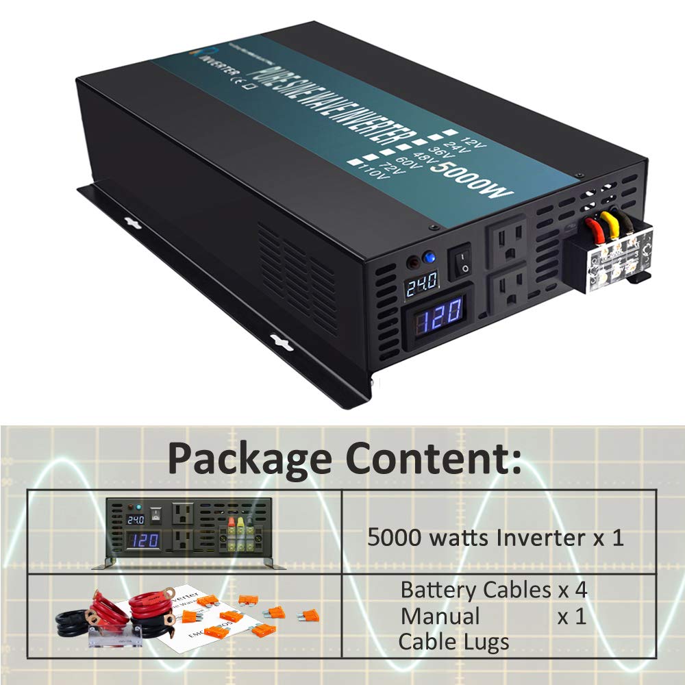 WZRELB Pure Sine Wave 5000W (10000W Surge) 24V Power Inverter DC to AC Power - Solar, RV, RBP-S500024