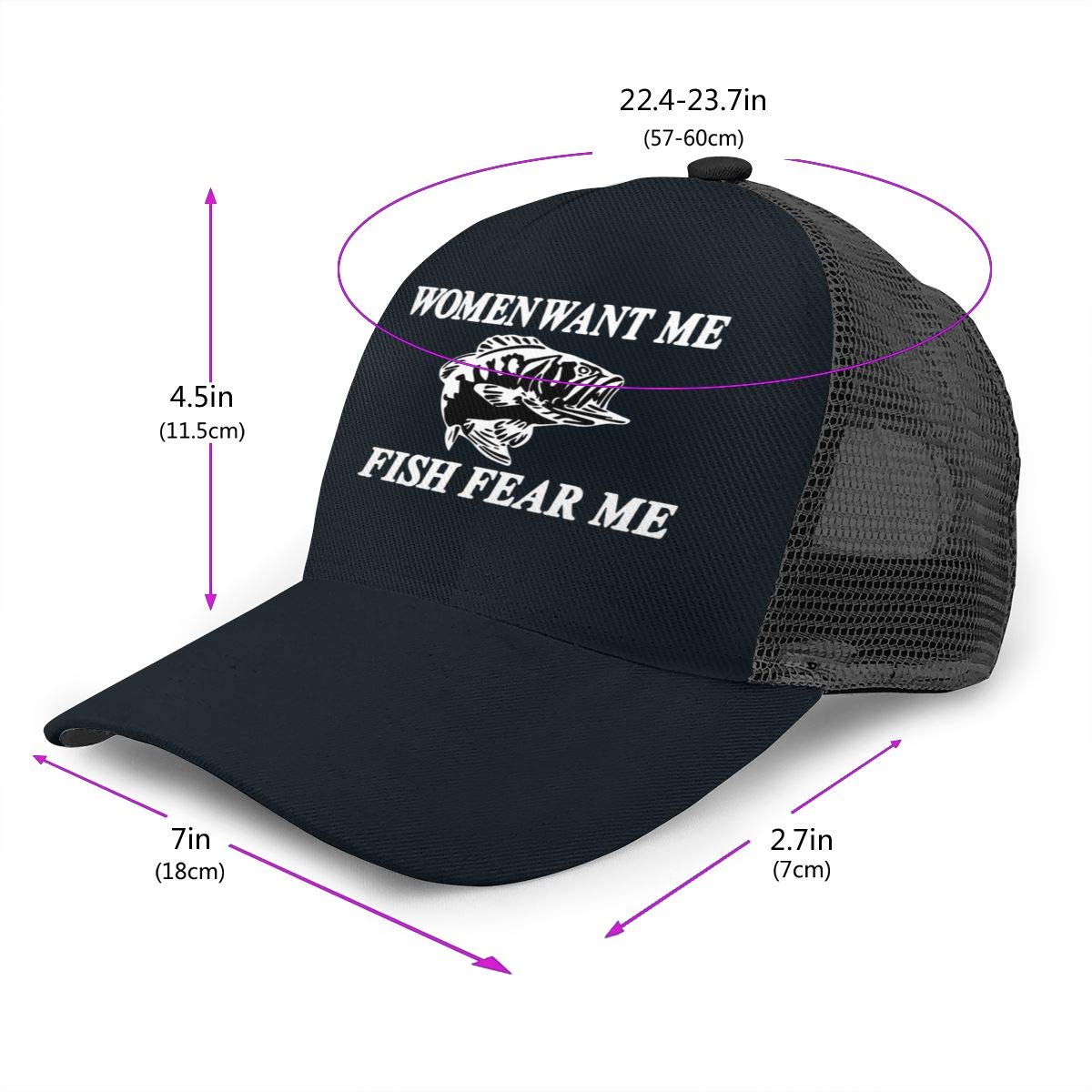 Women Want Me Fish Fear Me Retro Mesh Back Trucker Hat Men Women Fitted Baseball Cap Black