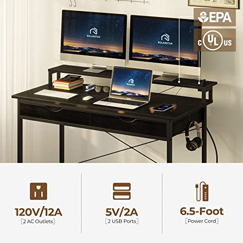 Rolanstar Computer Desk with 2 Drawers and Power Outlet, 39" Home Office Writing Desk with Monitor Stand, Workstation Table with Stable Metal Frame, Black
