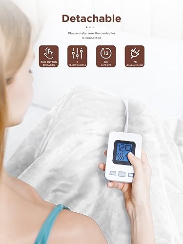 Shodu Heated Blanket,Fast Heating&Over-Heat Protect Electric Blanket,Dual Controller,ETL Certification,9 Heat Settings 1-12 Hours Auto Off (White, Queen 90''×84'')
