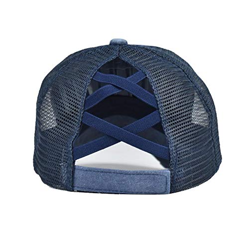 Top Hats for Women Baseball Caps with Mesh Back Trucker Hats Ponytail/High Messy Bun Ponycap Dad Hats (Navy Blue)