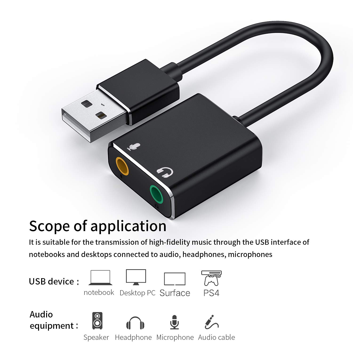 USB Audio Adapter External Stereo Sound Card with 3.5mm Headphone and Microphone Jack, Suitable for Windows, Mac, Linux, PC, Mobile Phone, Laptop, Desktop (with Type-c Adapter)