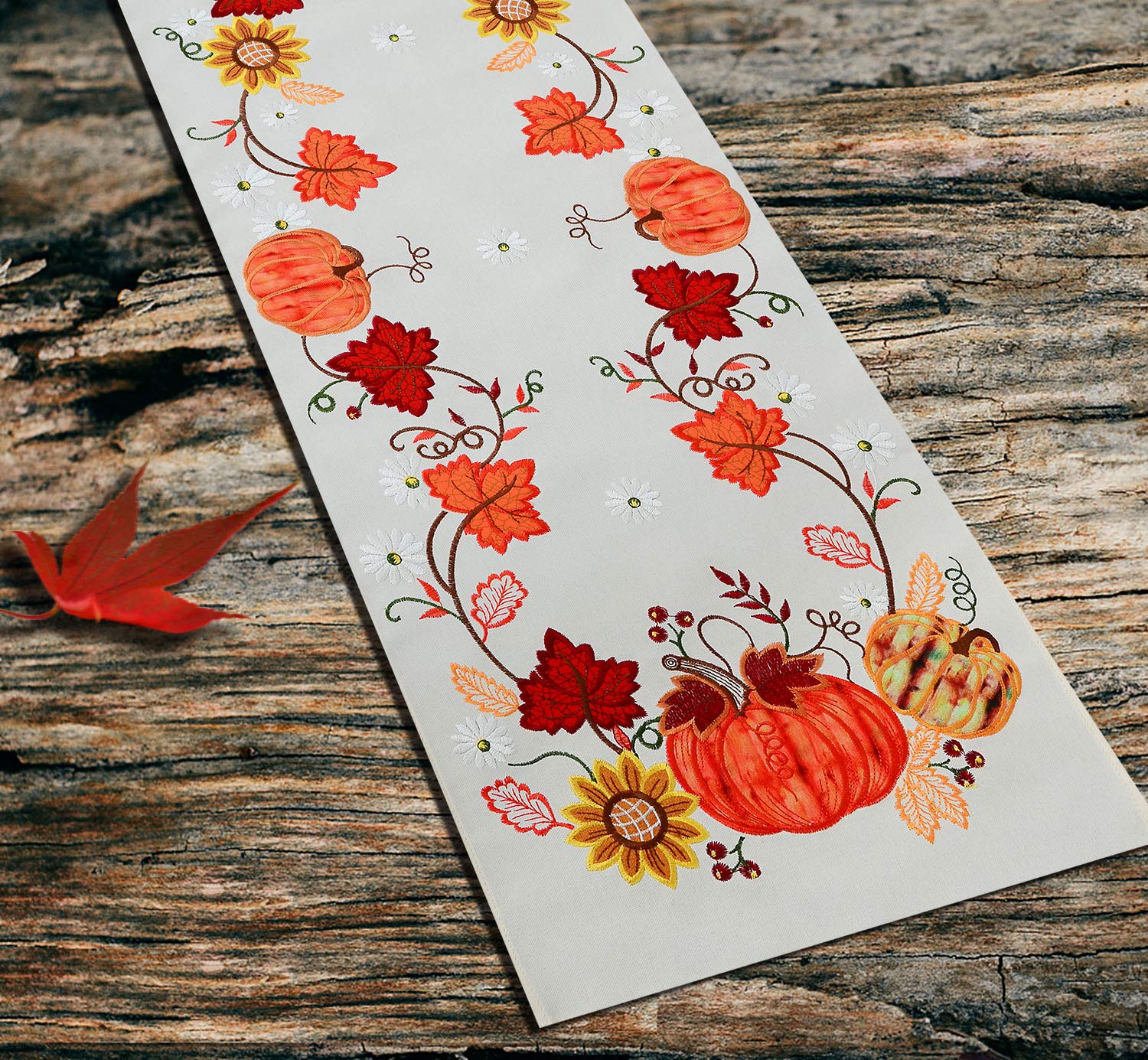 Simhomsen Fall or Autumn Harvest Table Runner for Thanksgiving, Appliqued Pumpkins, Sunflowers and Maple Leaves (14 × 70 inch)