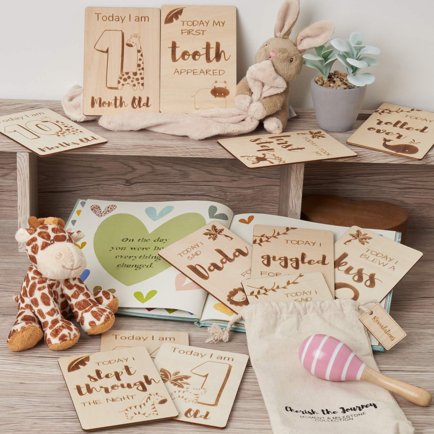 Wooden Monthly Milestone Cards - 24 Double Sided Cute Jungle Designs Organic Drawstring Bag Perfect Unisex Gender Neutral Gift