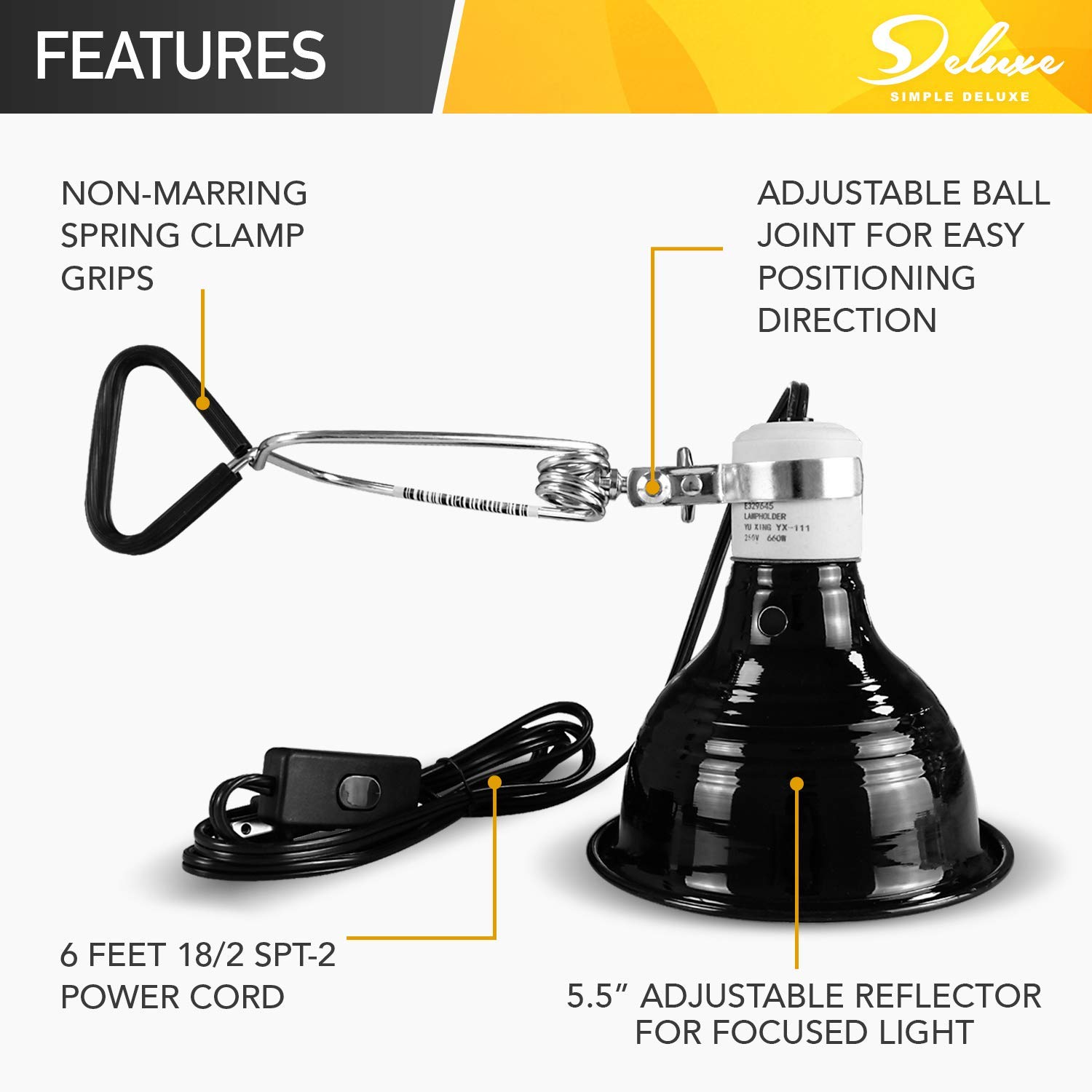 Simple Deluxe Reptile Dome Light Clamp Lamp Fixture with 5.5 Inch Aluminum Reflector for Amphibian Pet Terrariums Habitat (no Bulb Included), Black