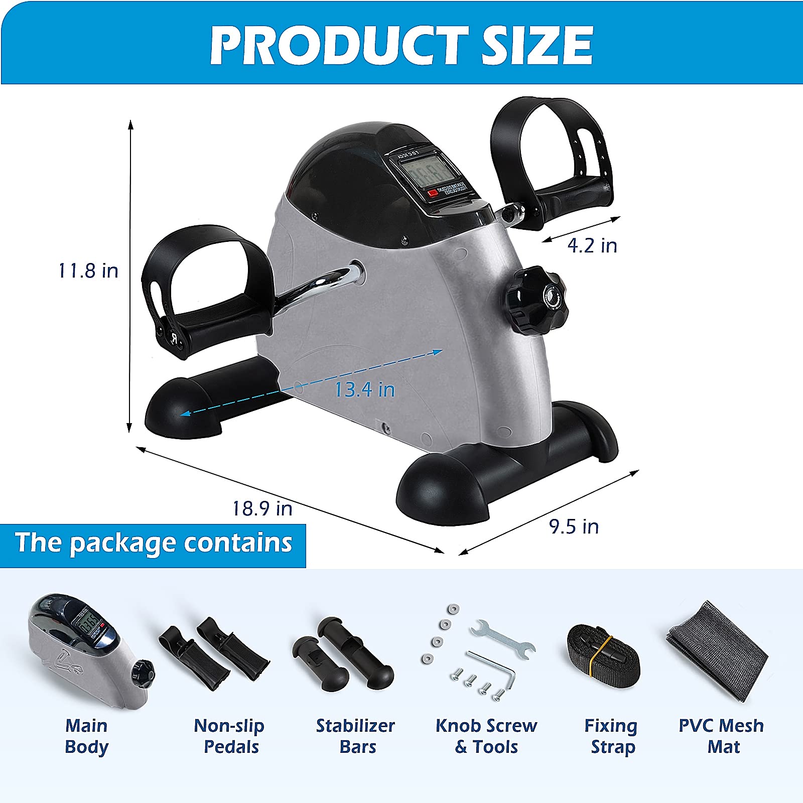 Under Desk Bike Pedal Exerciser - TABEKE Mini Exercise Bike for Arm/Leg Exercise, Pedal Exerciser for Seniors with LCD Display Silver Grey
