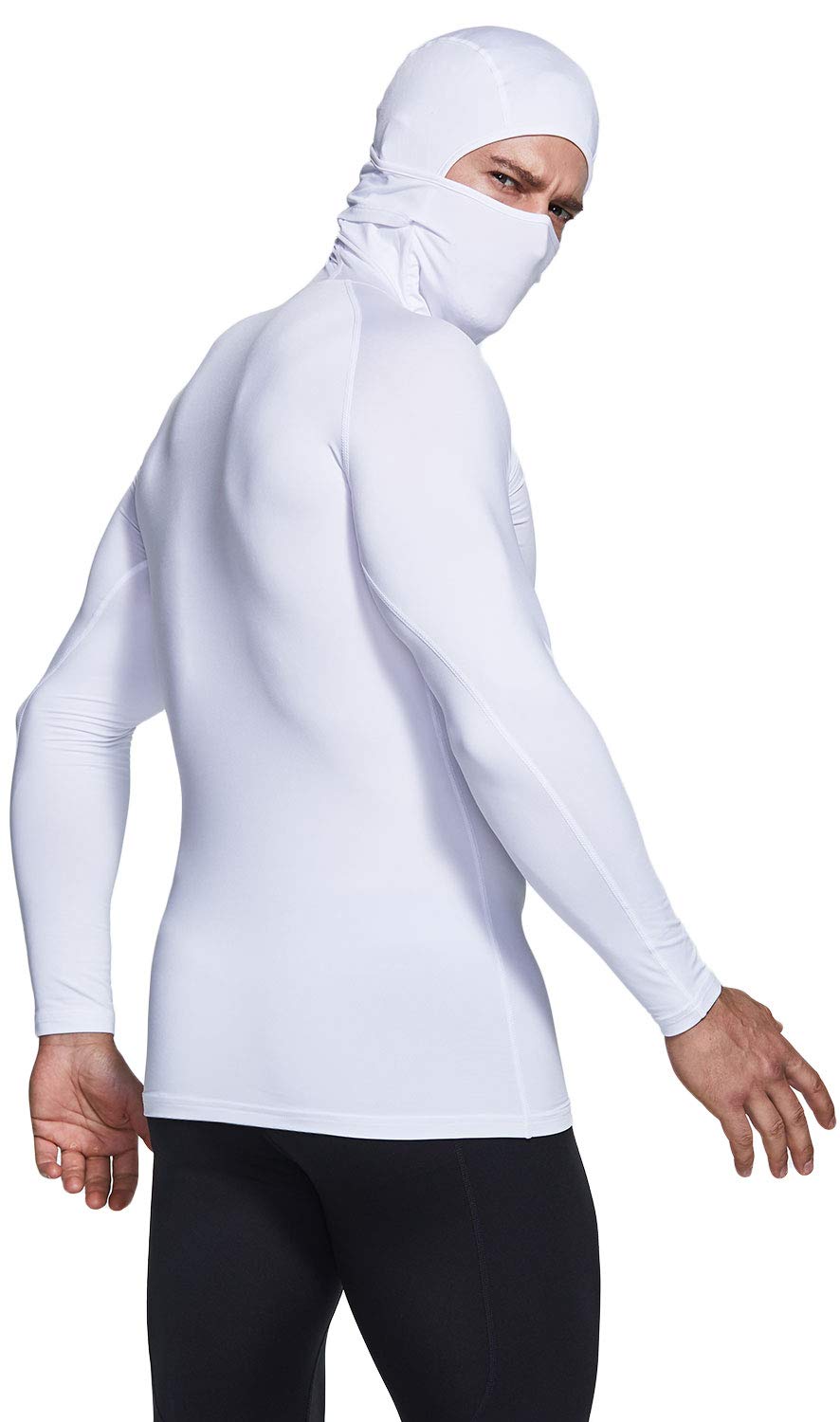 TSLA Men's Thermal Compression Shirts Hoodie with Mask, Long Sleeve Winter Sports Base Layer Top, Active Running Shirt, Heatlock Hoodie White, Medium