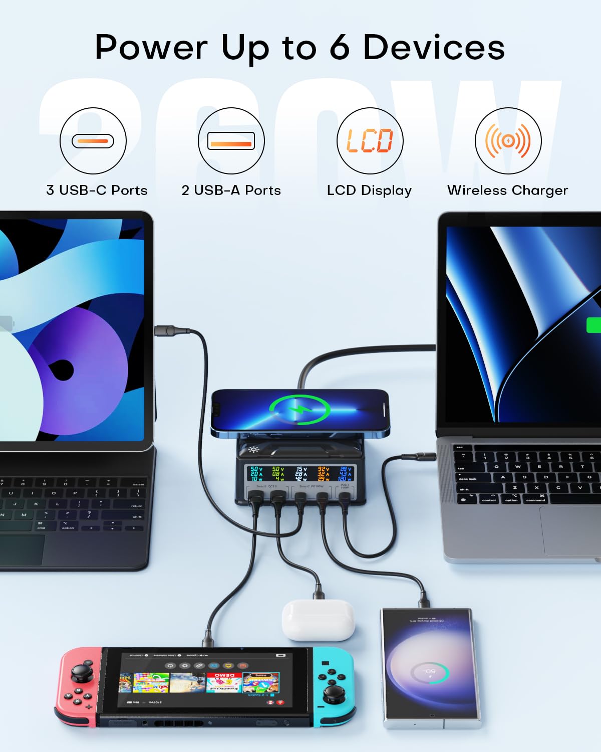 USB Charging Station,ASOMETECH 260W 5Ports Fast USB C Charging Station,140W PD3.1 USB C GaN Charger with LCD Display,Wireless Charger,Desktop USB Charging Hub for MacBook Pro/Air,iPad,iPhone,Samsung