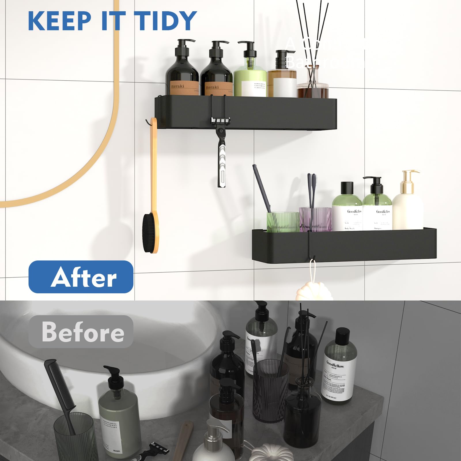 Shower Caddy-2 Pack Large Rustproof Stainless Steel Shower Shelves For Inside Shower, Self Adhesive Shower Organizer For Bathroom Wall Storage, Black Shower Rack, No Drilling Shower Shample Holder