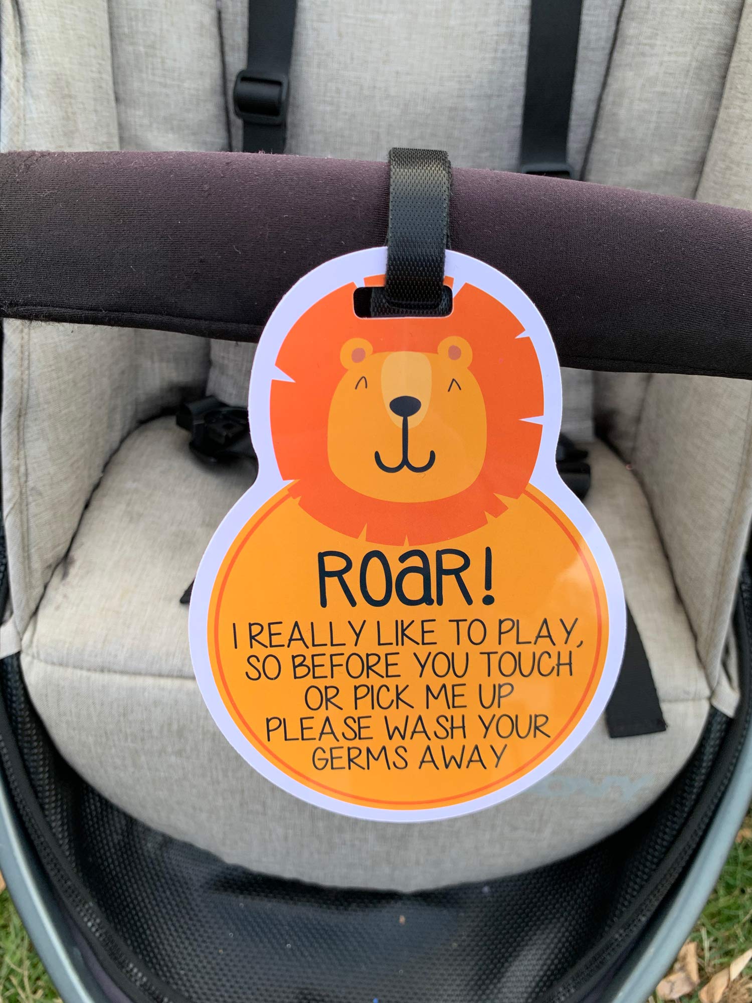 THREE LITTLE TOTS – Animal Theme No Touching Baby Car Seat Sign or Stroller Tag - CPSIA Safety Tested (Lion)
