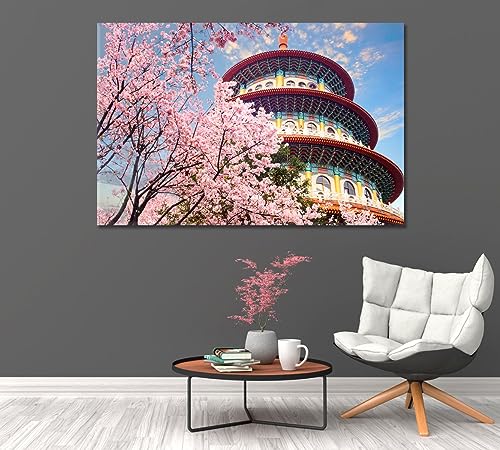 Tianyuan Temple with Sakura Blossom Taiwan Canvas Print 1 Panel / 36x24 inches