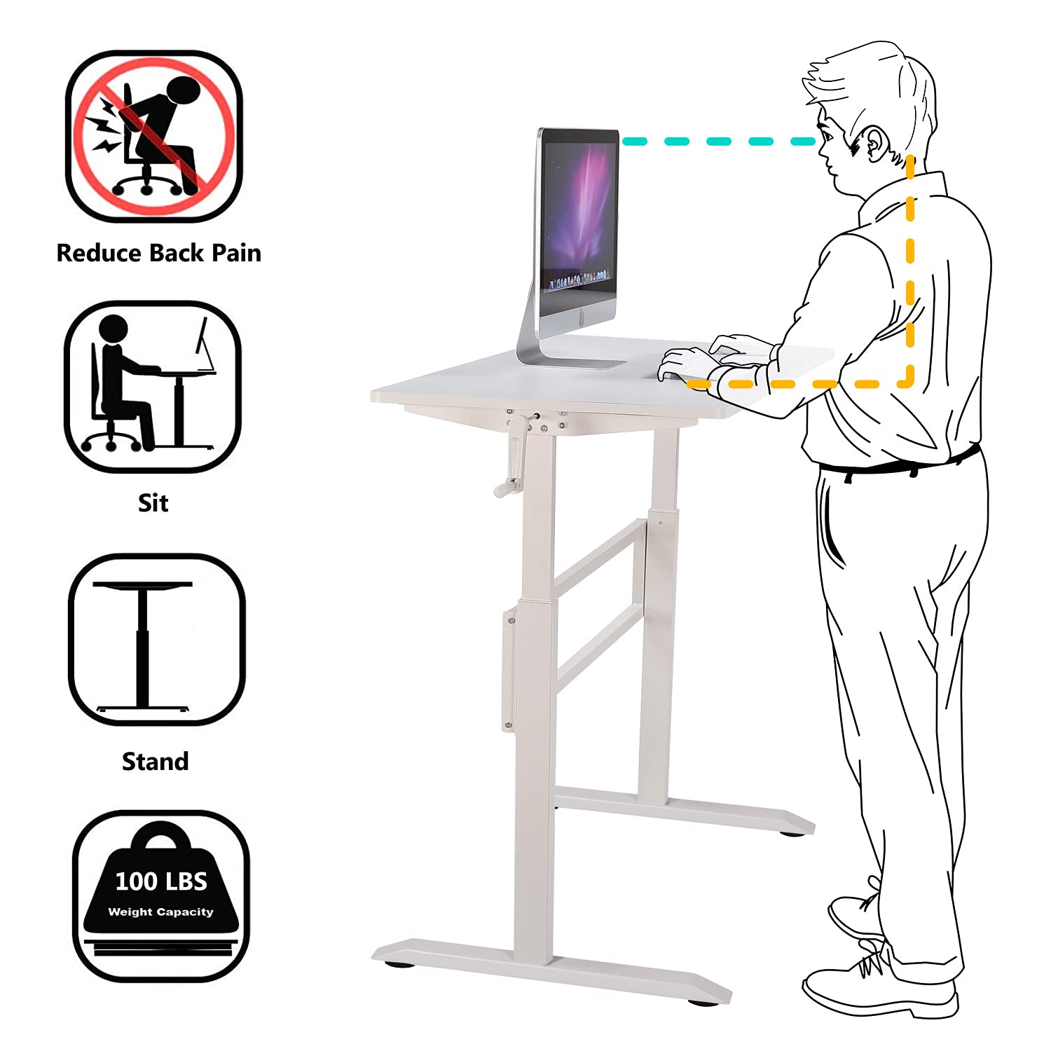 UNICOO Manual Standing Desk Adjustable Height Heavy Duty Game Desk, Crank Adjustable Desk, Adjustable Computer Desk, Manual Stand Up Desk with Headphone Hook,48 x 24 Inches(SYK01-Light Oak)