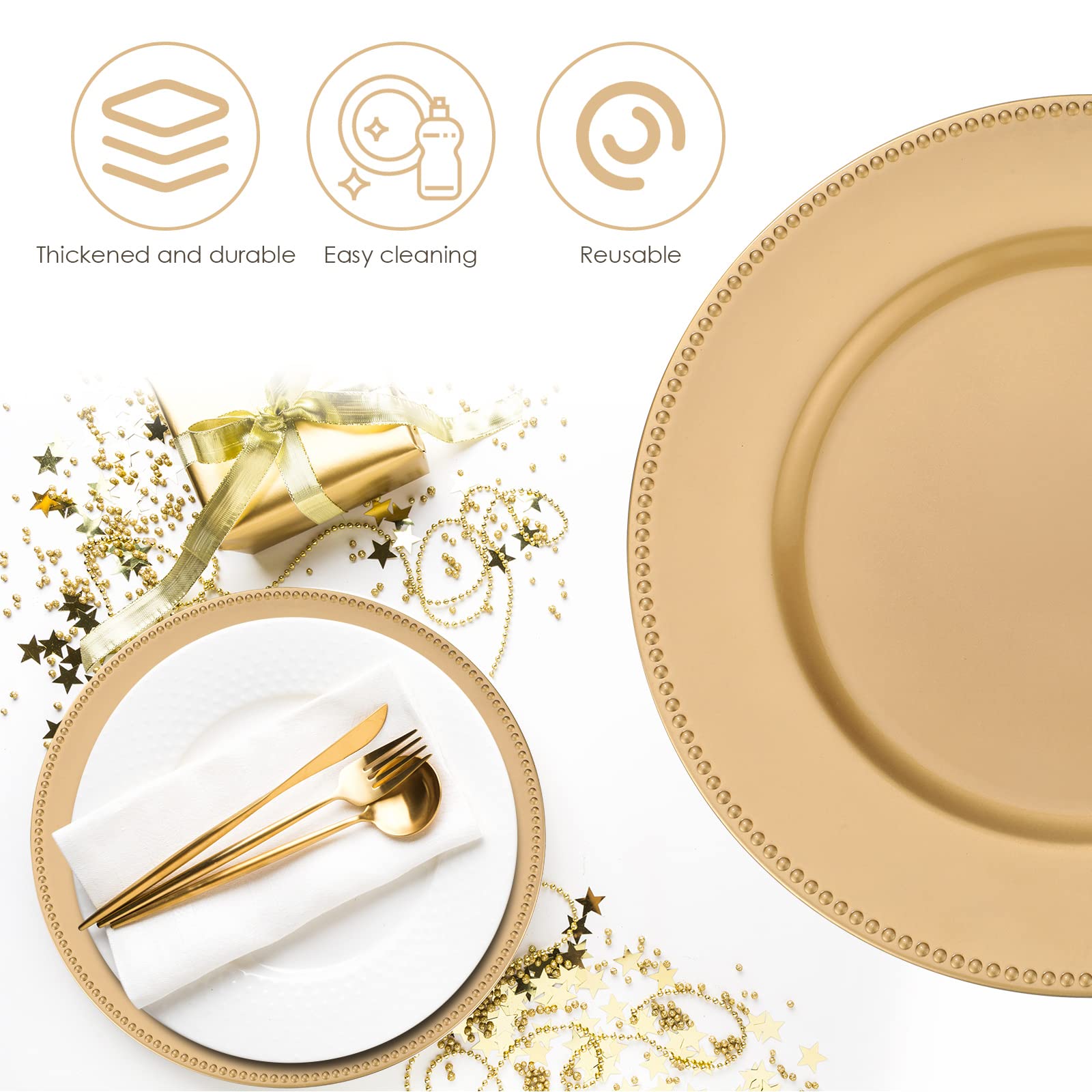 Zopeal 18 Pack Round Charger Plates Bulk 13 Inch Plastic Plate Chargers with Beaded Rim Disposable Dinner Charger Plates for Wedding Halloween Christmas Party Event Table Setting Decoration (Gold)