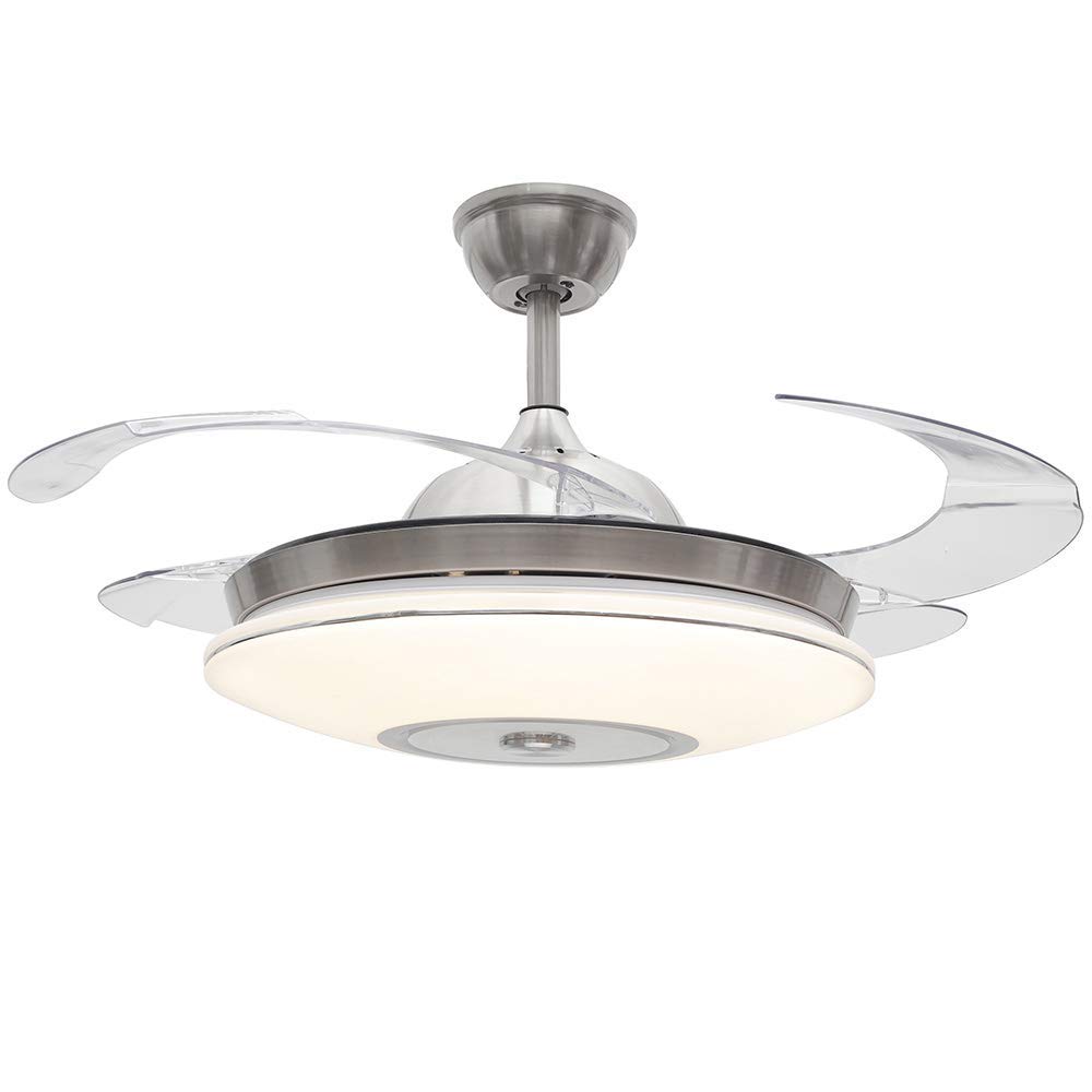 YEELED Light 42" Remote Control Retractable Reversible Ceiling Fans with 3 Changing Light Color Invisible Ceiling Fan Chandelier for Indoor Bedroom Ceiling Light Kits with Fans (42 Inch, Silver-02)