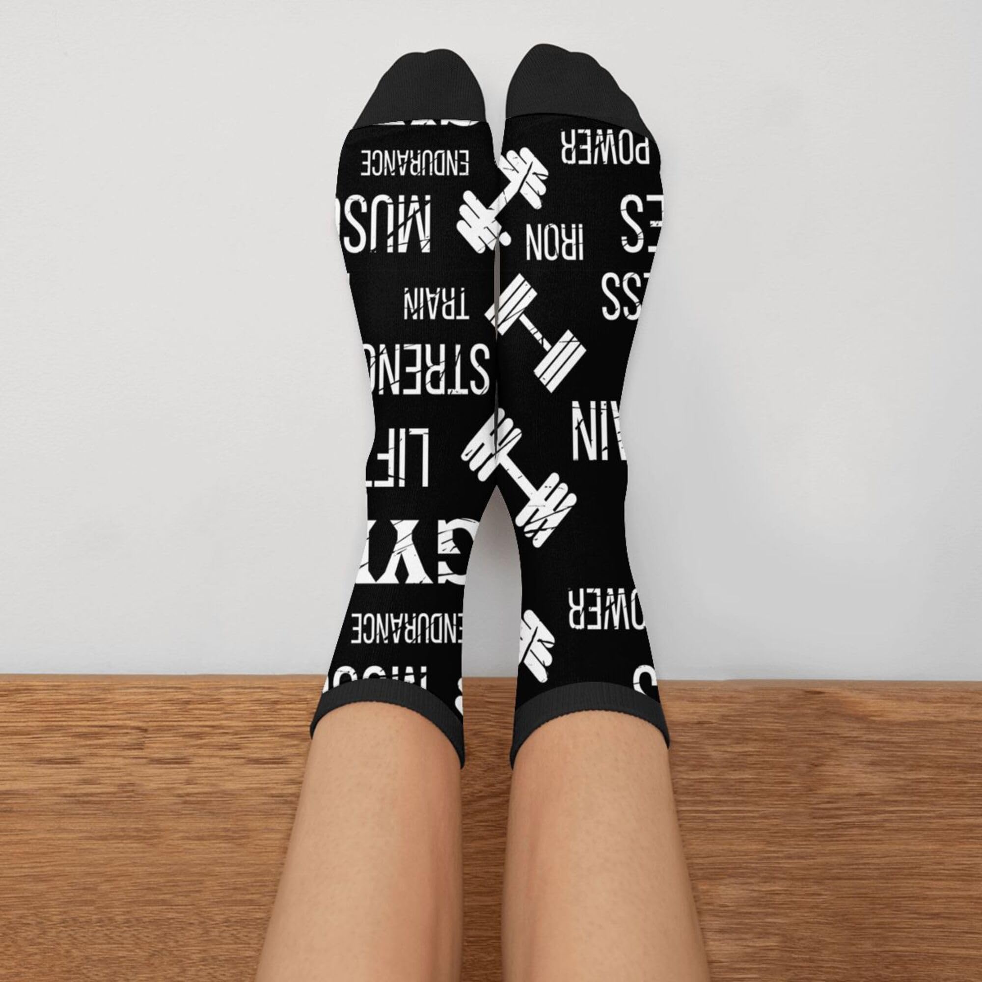 TyQii Socks Gym Label Dumbbell Novelty Socks For Women & Men One Size - Gifts, Black and White