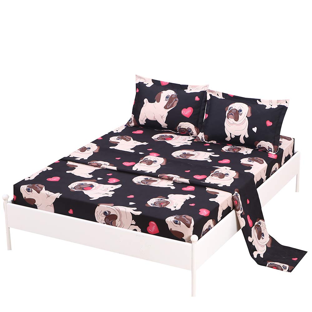 SDIII 4PCS Dog Twin Sheets Set, Bed in a Bag Pug Sheets Set Twin, Soft Microfiber, Cute Sheets Set for Kids Boys, Girls and Teens, Twin