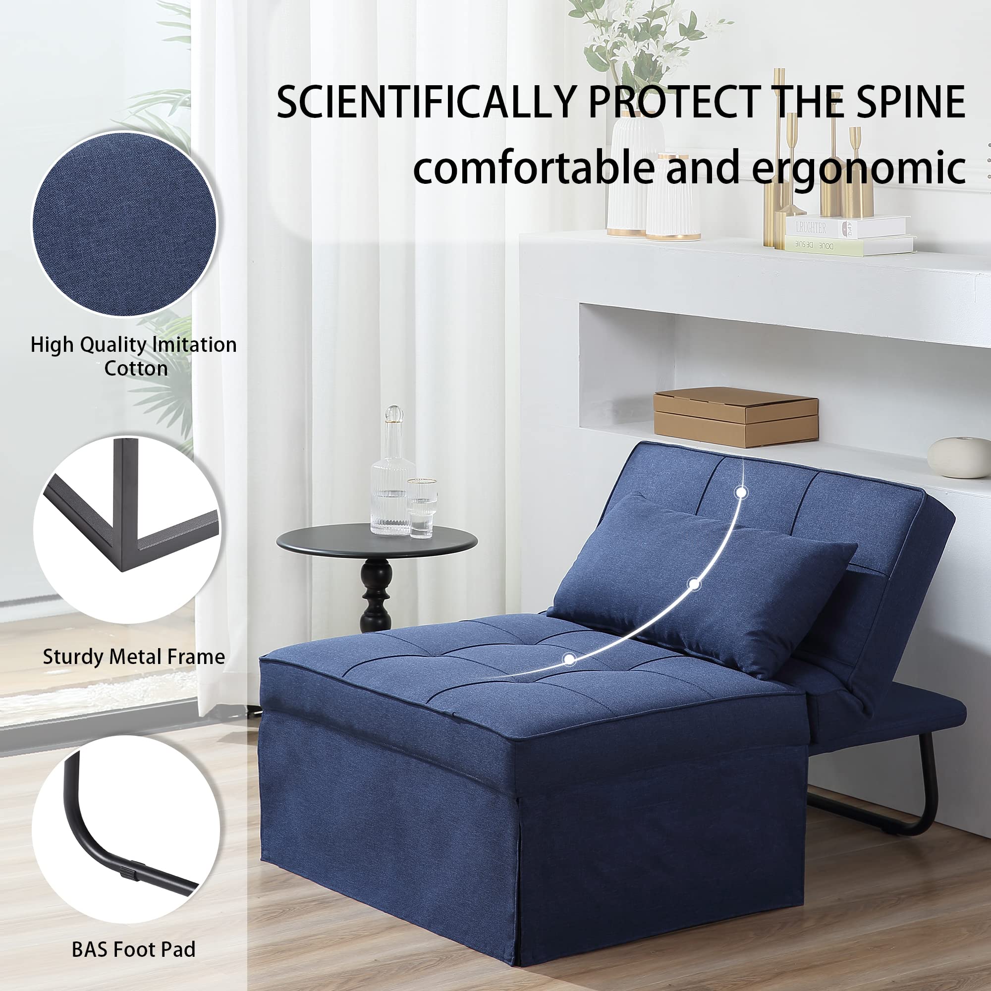 Sofa Bed, 4 in 1 Multi-Function Folding Ottoman Breathable Linen Couch Bed with Adjustable Backrest Modern Convertible Chair for Living Room Apartment Office,Blue