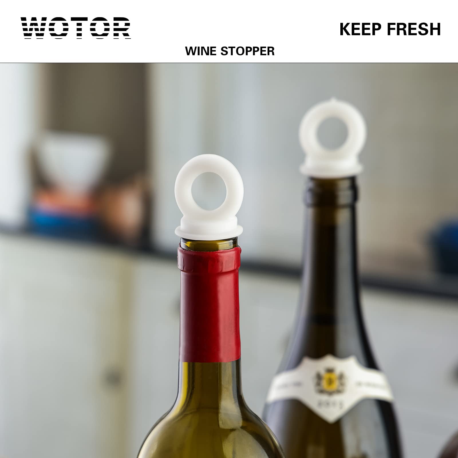 WOTOR Wine Stoppers for Wine Bottles,Reusable Silicone Wine Bottle Stopper with Ring Pull on Top for Keep the Wine Fresh, Set of 6, White