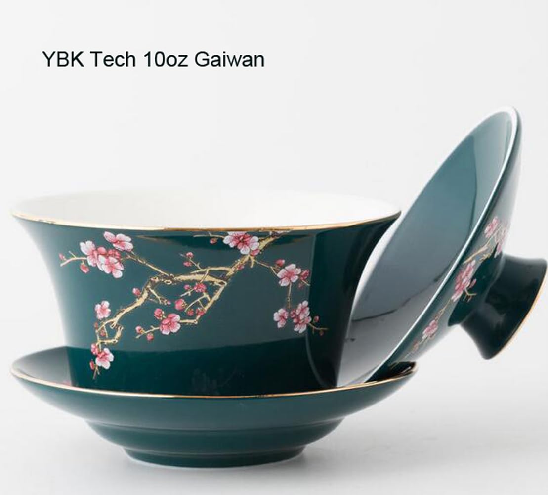 YBK Tech 10oz Large Gaiwan, Porcelain Kung Fu Tea Cup and Saucer with Lid, Chinese Traditional Gaiwan, Sancai Tea Bowl - Embossed Plum Patterns (Green)
