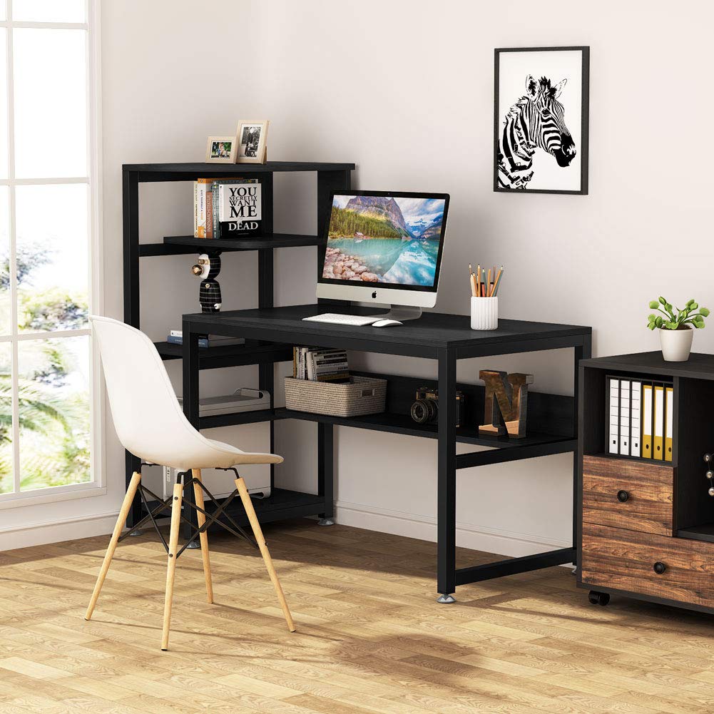 Tribesigns Computer Desk with 4-Tier Storage Shelves, 58 inch Large Modern Office Desk Study Writing Table Workstation with Bookshelf for Home Office(Black)
