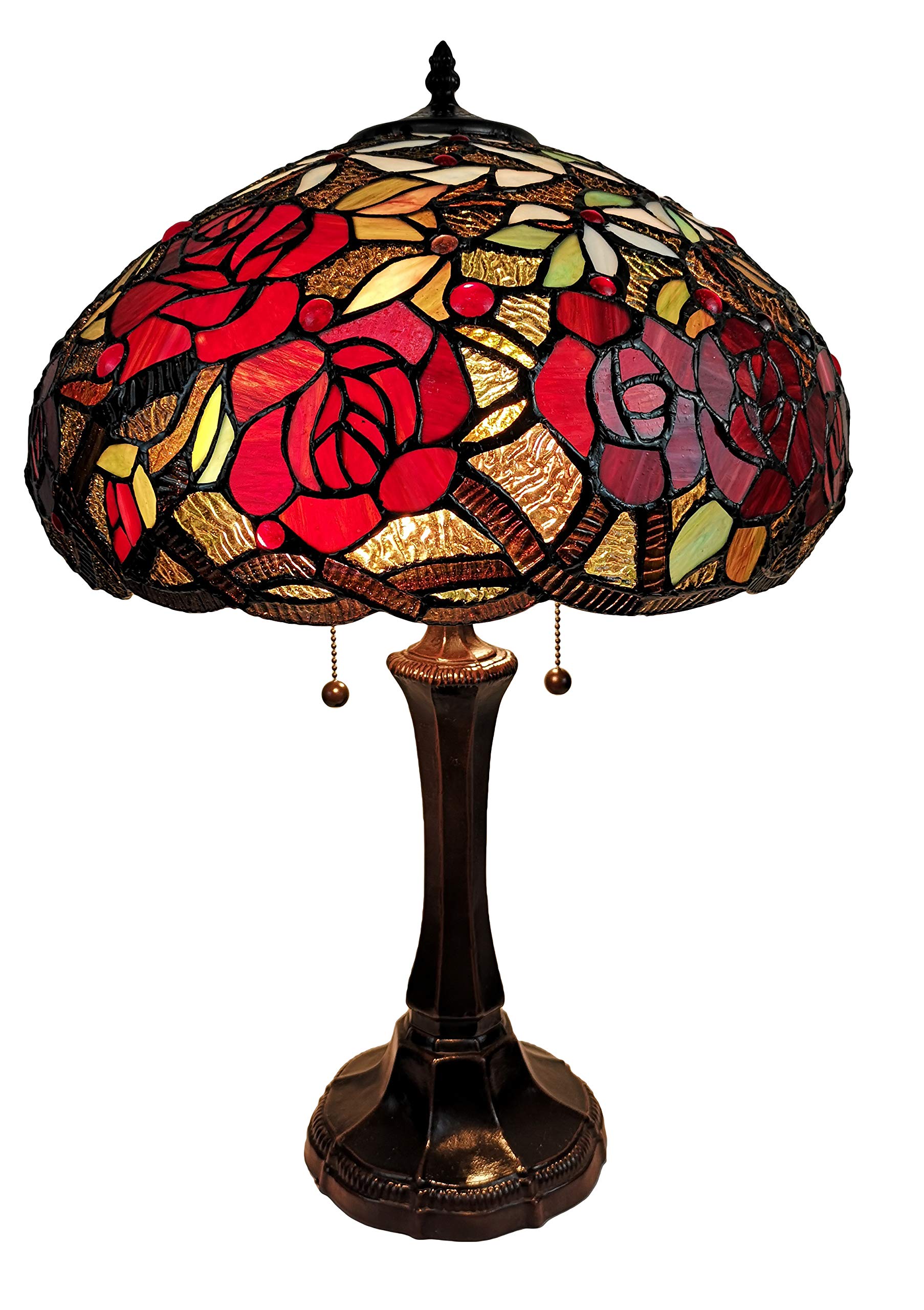 Tiffany Style Table Lamp Banker 24" Tall Stained Glass Yellow Brown Red Floral Roses Vintage Light Décor Nightstand Living Room Bedroom Office Handmade Gift AM1535TL16B Amora Lighting