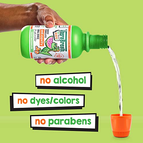 TheraBreath Kids Organic Wacky Watermelon Mouthwash with Fluoride, Anticavity, Dentist Formulated, 16 Fl Oz