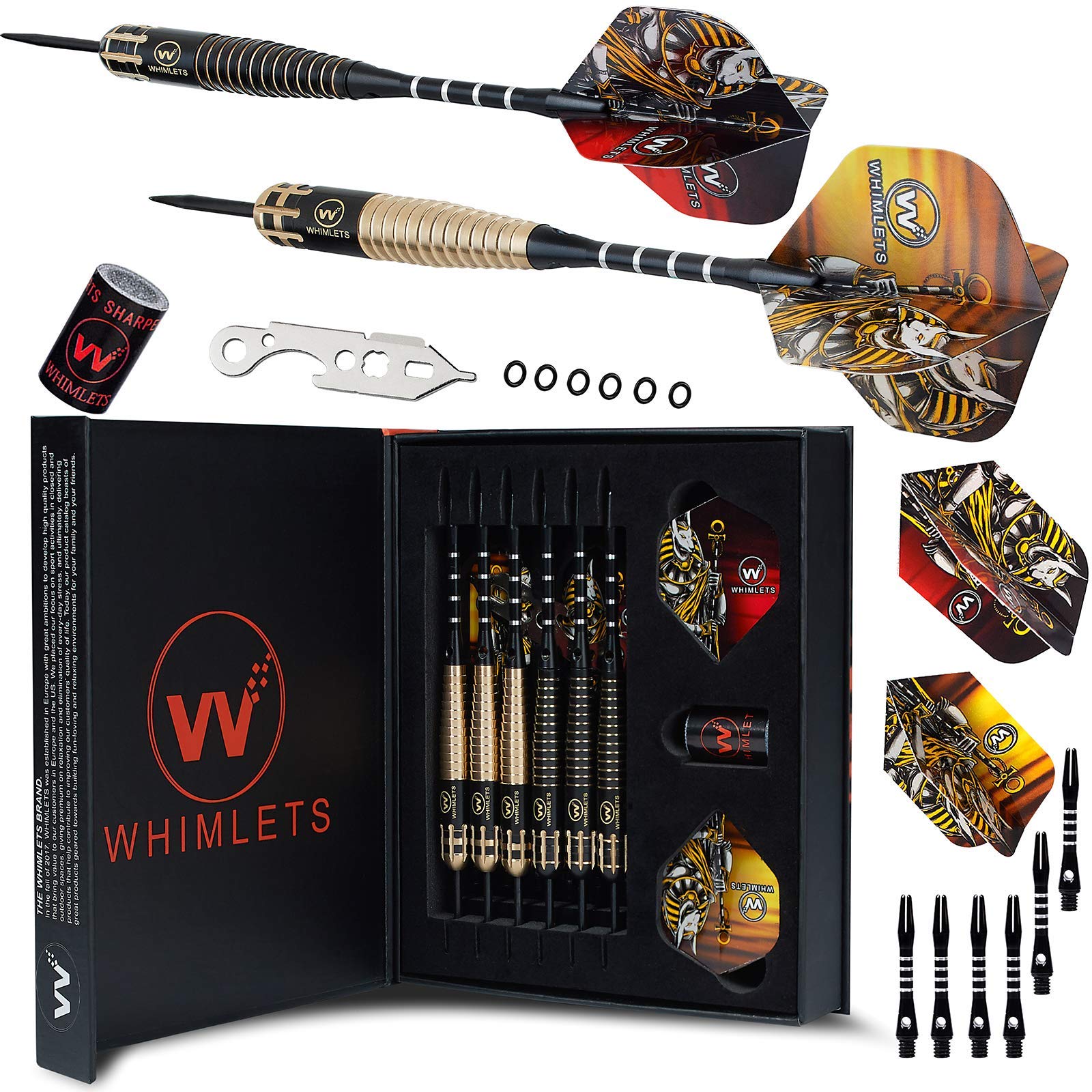 Whimlets Darts Metal Tip Set - Darts Steel Tip Set Professional with Brass Barrels, Professional Darts with Extra Aluminum Shafts, Flights + Dart Tool and Sharpener + Pro Darts Guide and Gift Case