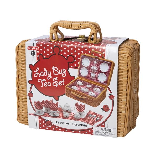 Schylling Ladybug Tea Set Basket - 23 Piece Miniature Porcelain Set with Picnic Basket - Includes Service for Four - Ages 8 and Up