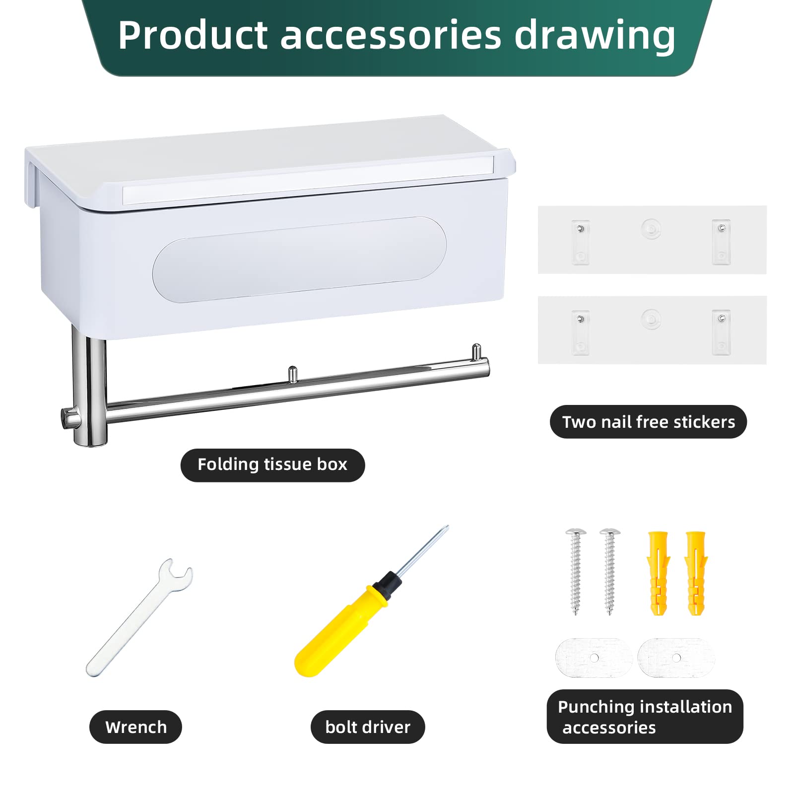 White Bathroom Toilet Paper Holder with Shelf and 180°Rotation Movable Storage Box, ABS Material Wall Mount Double Roll Tissue Holder Dispenser, Punching or Self Adhesive Two Different Installation