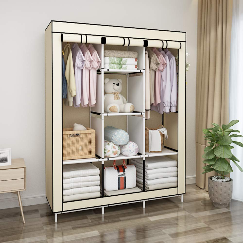 UDEAR Portable Wardrobe Closet Clothes Organizer Non-Woven Fabric Cover with 6 Storage Shelves, 2 Hanging Sections and 4 Side Pockets,Beige