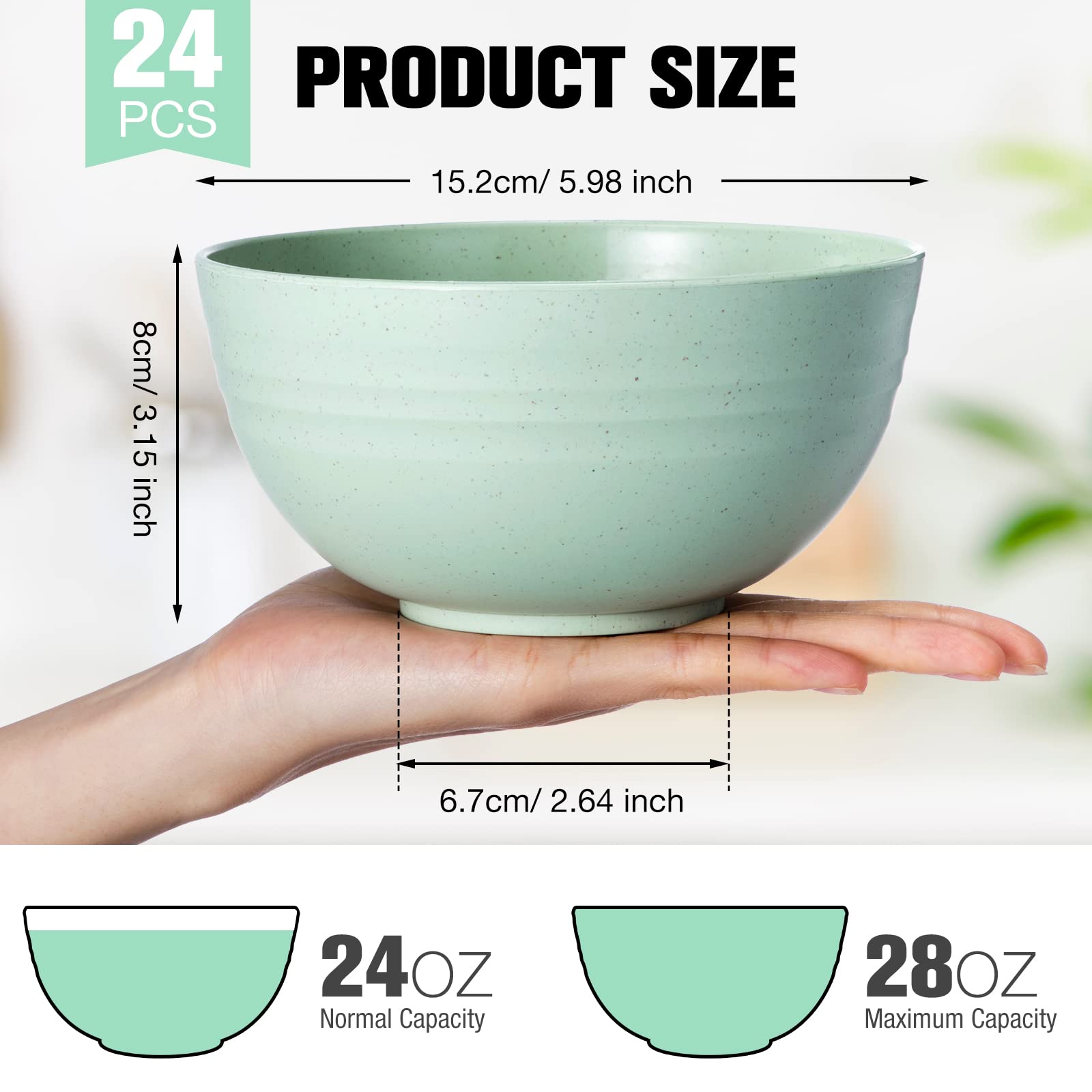 Zubebe Unbreakable Cereal Bowls 24 oz Reusable Lightweight Bowl Dishwasher Microwave Safe Bowl Sets for Eating Rice Soup, Pink, Green, Blue, Beige (Set of 24)