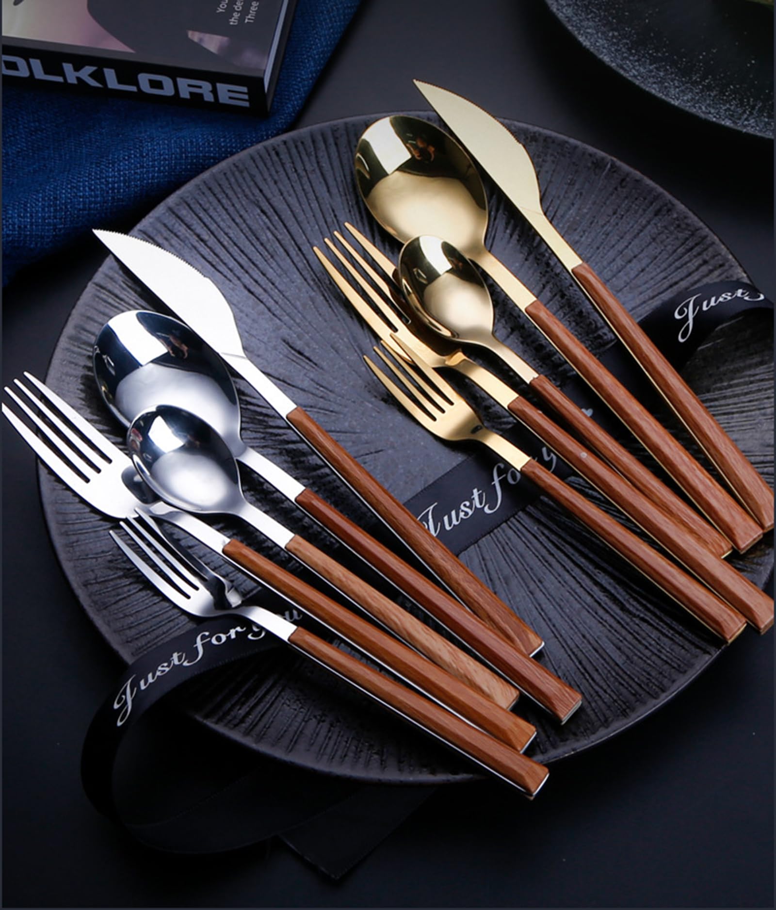 Wooden Silverware Set With Wood Grain Handle 30 Pcs Flatware Sets Service for 6 Stainless Steel Home Kitchen Wedding Restaurant Cutlery Utensils Set Forks Spoons and Knives Delicate Tableware