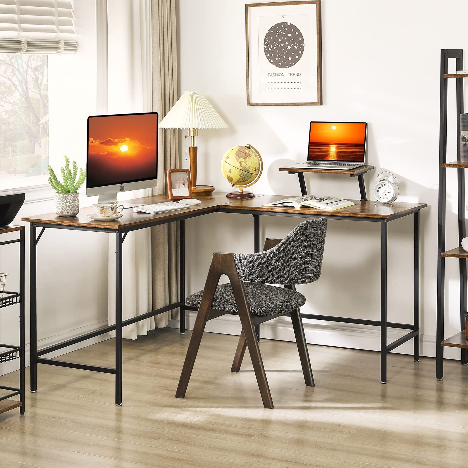 YMYNY L Shaped Computer Desk, Industrial Corner Table for Home Office, PC Laptop Workstation, Study Writing Gaming Table with Monitor Stand, Easy to Assemble, Rustic Brown
