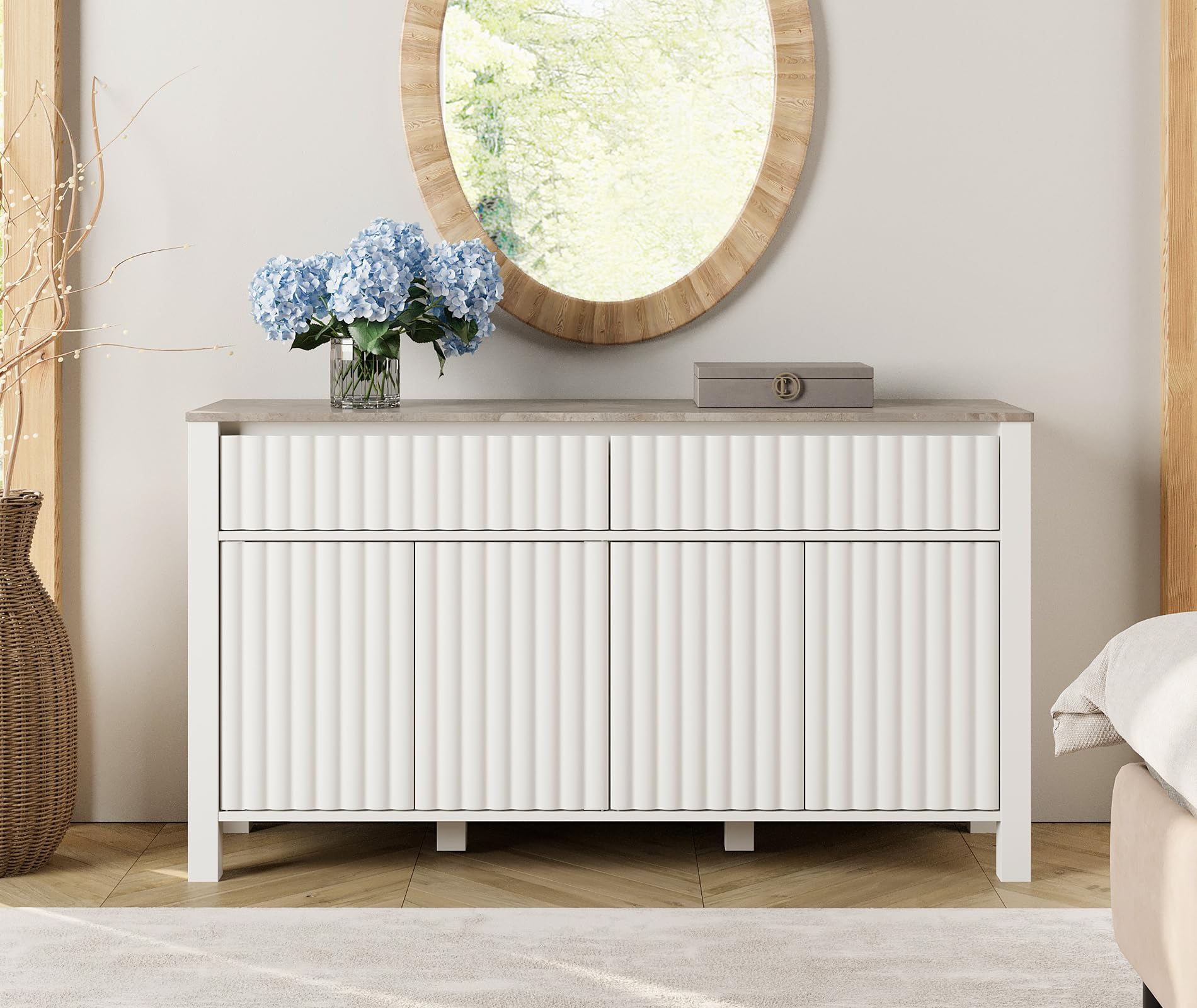 WAMPAT White Dresser for Bedroom with Doors, Modern Baby Dresser Wood Storage Organizer with Solid Wood Legs & Adjustable Shelves for Bedroom, Kids Room, Nursery